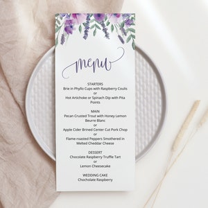PURPLE Menu Card Template Printable Wedding Décor, Digital Download - Etsy