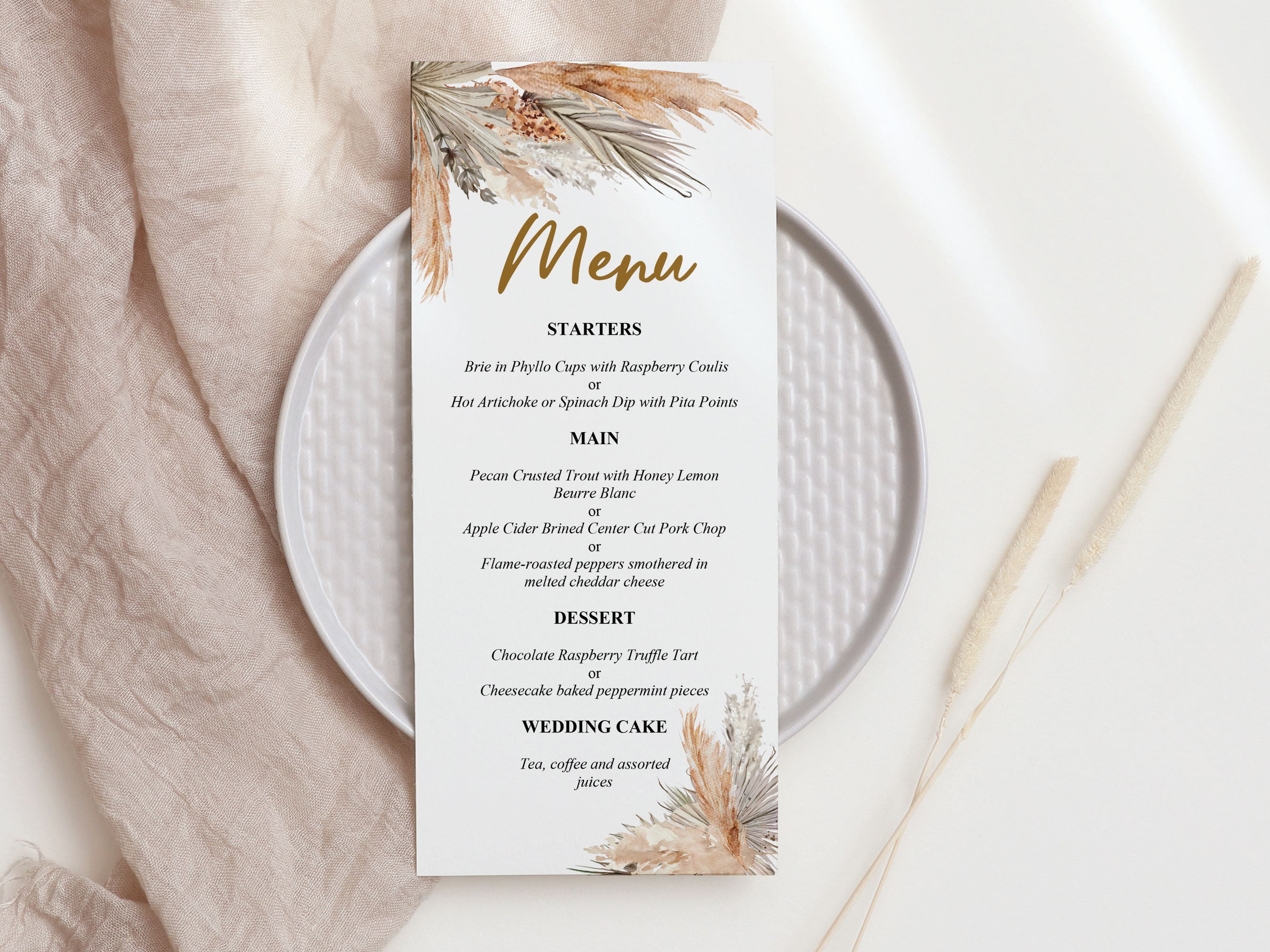 PAMPAS GRASS Menu Cards Printable Template Boho Themed | Etsy