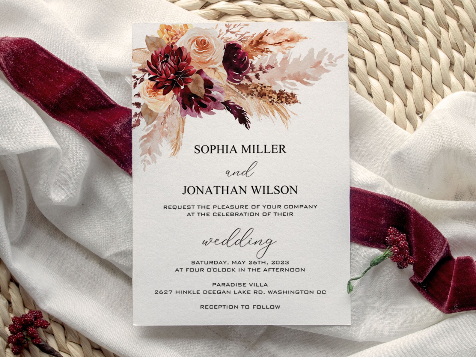 BURGUNDY Wedding Invitation Template With Photo Printable | Etsy