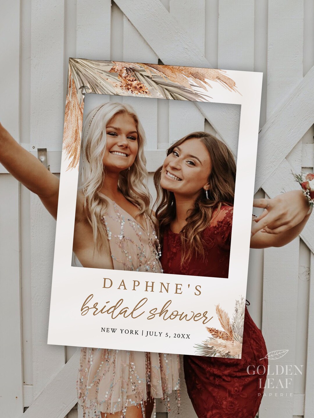 PAMPAS GRASS Selfie Frame, Bridal Shower Photo Booth Frame Template ...