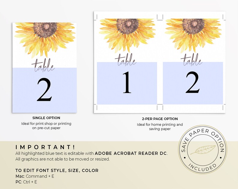 Sunflower Table Numbers Printable Template Instant Download | Etsy