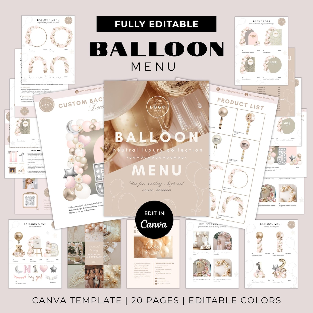 BALLOON MENU Canva Template | Editable Balloon Pricing List for Balloon ...