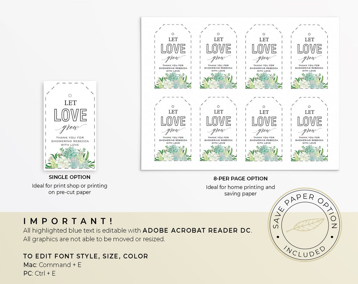 Succulent Favor Tags Template Printable INSTANT DOWNLOAD | Etsy