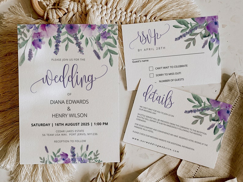 PURPLE Wedding Template Suite Printable Complete Lavender - Etsy