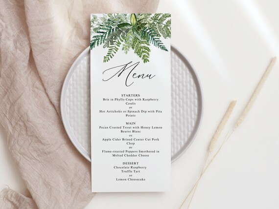 FERN Menu Cards Printable Template Forest Greenery | Etsy