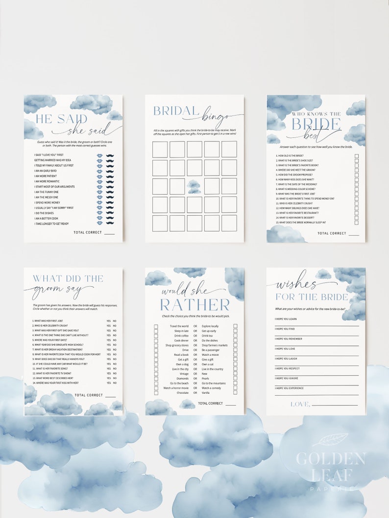 ON CLOUD NINE | Bridal Shower Games Bundle, Printable Editable ...