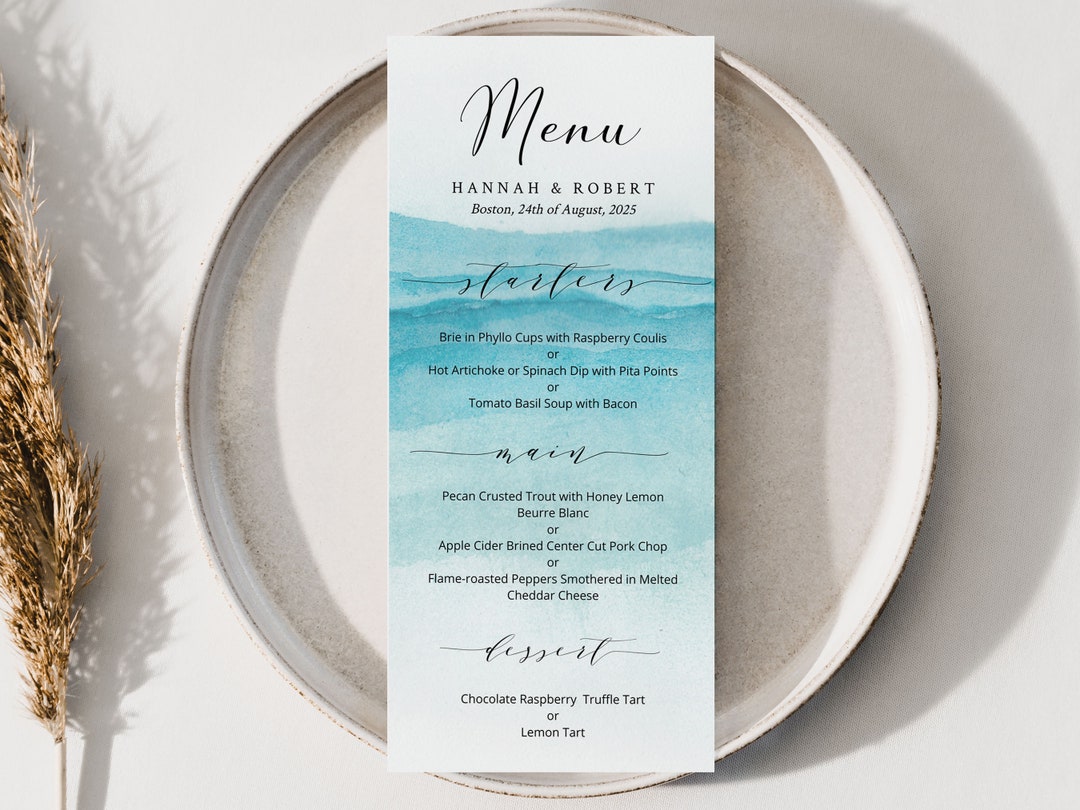 BEACH | Wedding Menu, Printable Template, Blue Water, Digital Download ...