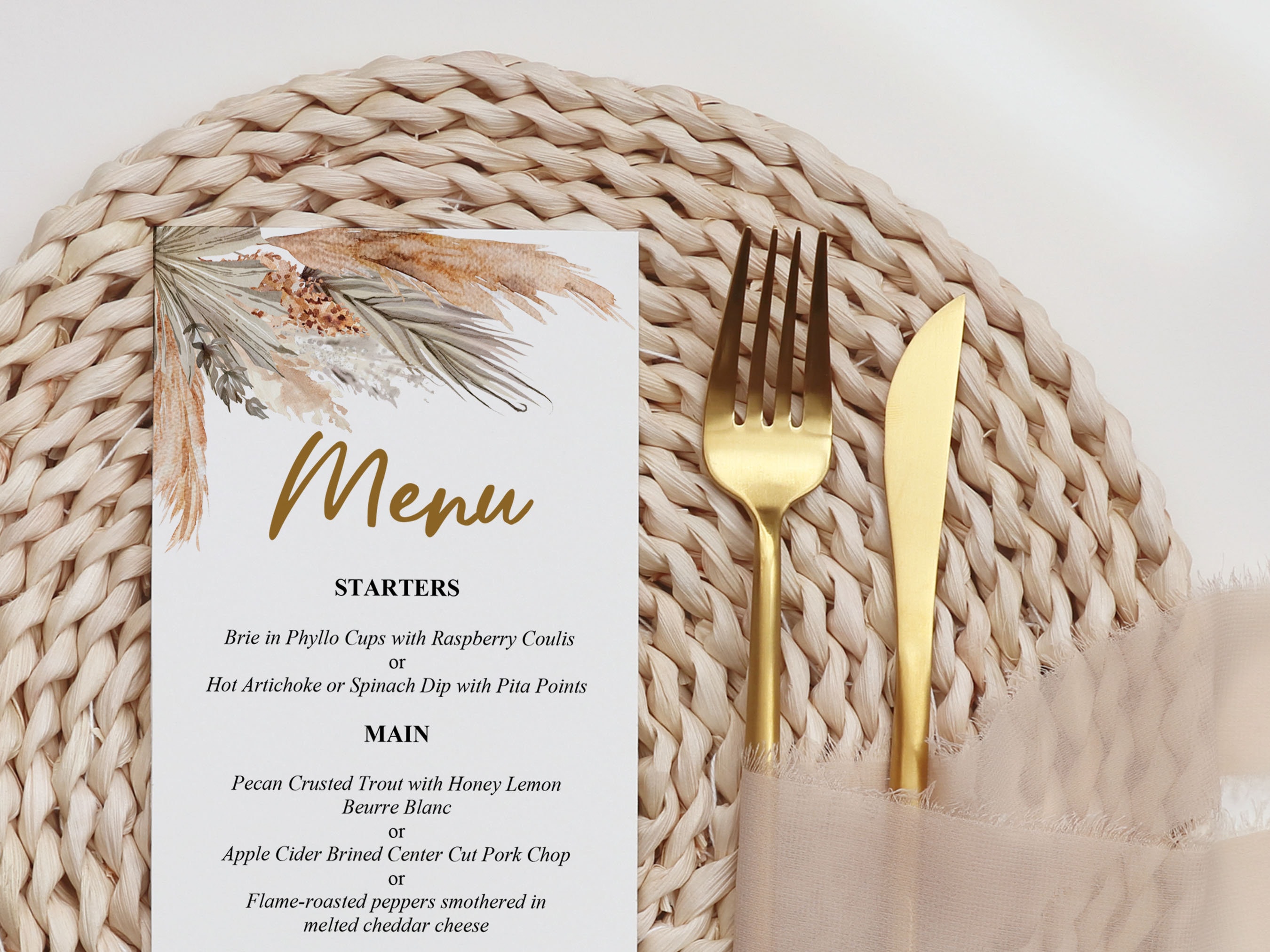 PAMPAS GRASS Menu Cards Printable Template Boho Themed | Etsy