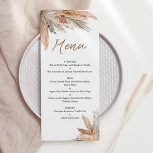 PAMPAS GRASS | Menu Cards, Printable Template, Boho Themed, Instant ...
