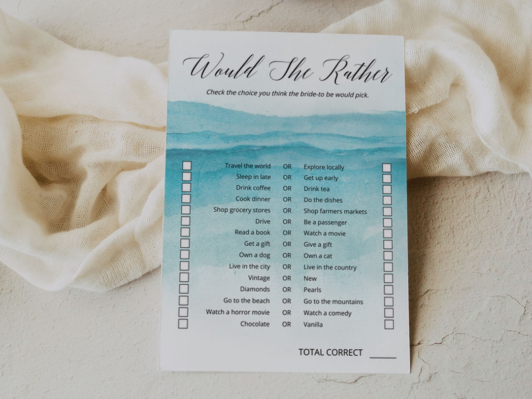 BEACH | Would She Rather, Printable Bridal Shower Game, Digital ...