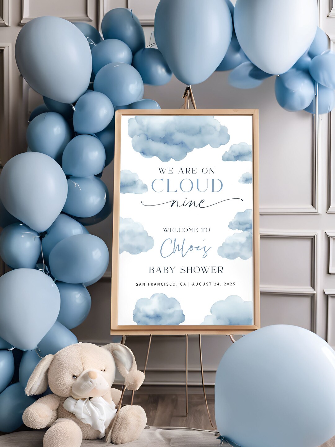 ON CLOUD NINE | Baby Shower Welcome Sign Template, Dusty Blue, We Are ...