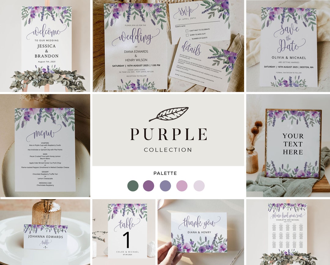 PURPLE | Wedding Template Suite Printable, Complete Lavender Invitation ...