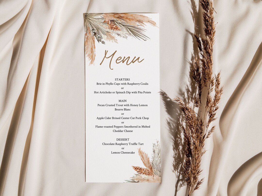 PAMPAS GRASS | Menu Cards, Printable Template, Boho Themed, Instant ...