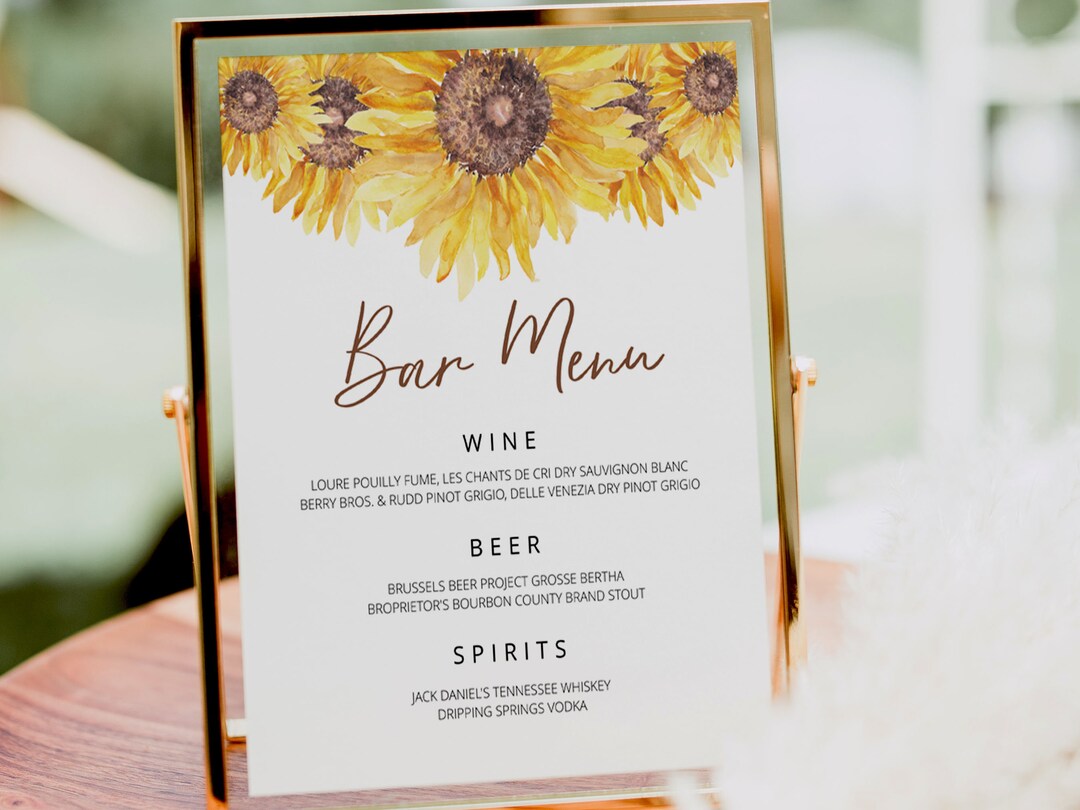 SUNFLOWER | Bar Menu Sign Template, Printable, Wedding Drinks, Digital ...