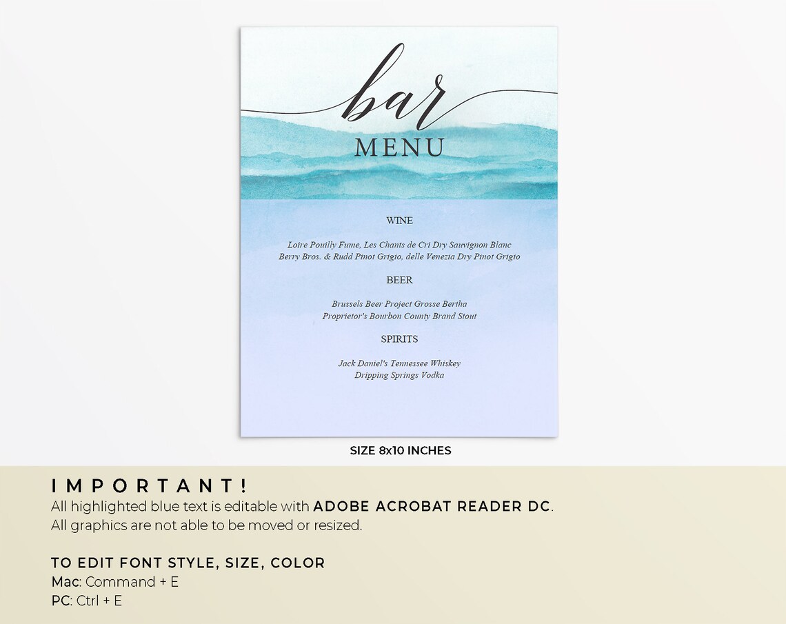BEACH Bar Sign Printable Drinks Menu Template INSTANT | Etsy