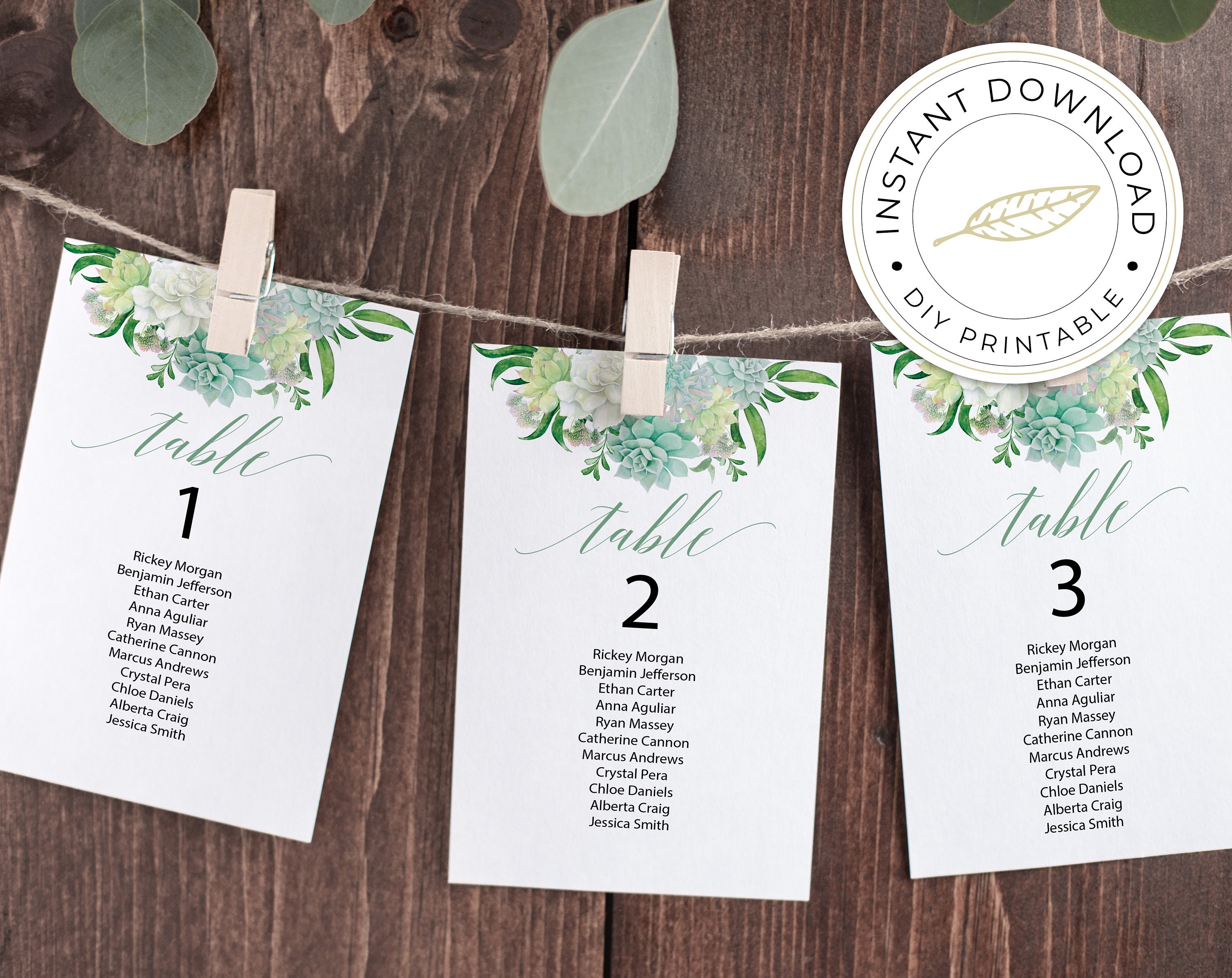 Succulent Wedding Seating Chart Cards Template Printable | Etsy