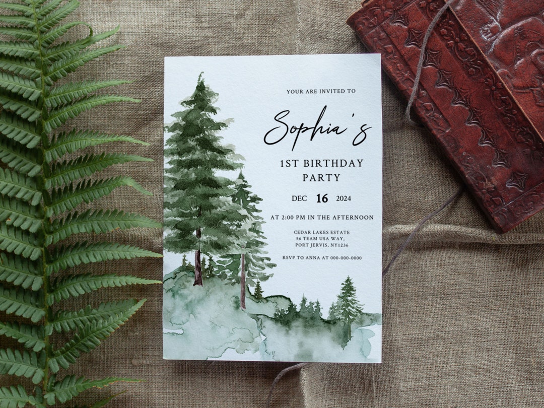 PINE TREE | Birthday Invitation Template, Green Forest, Instant ...