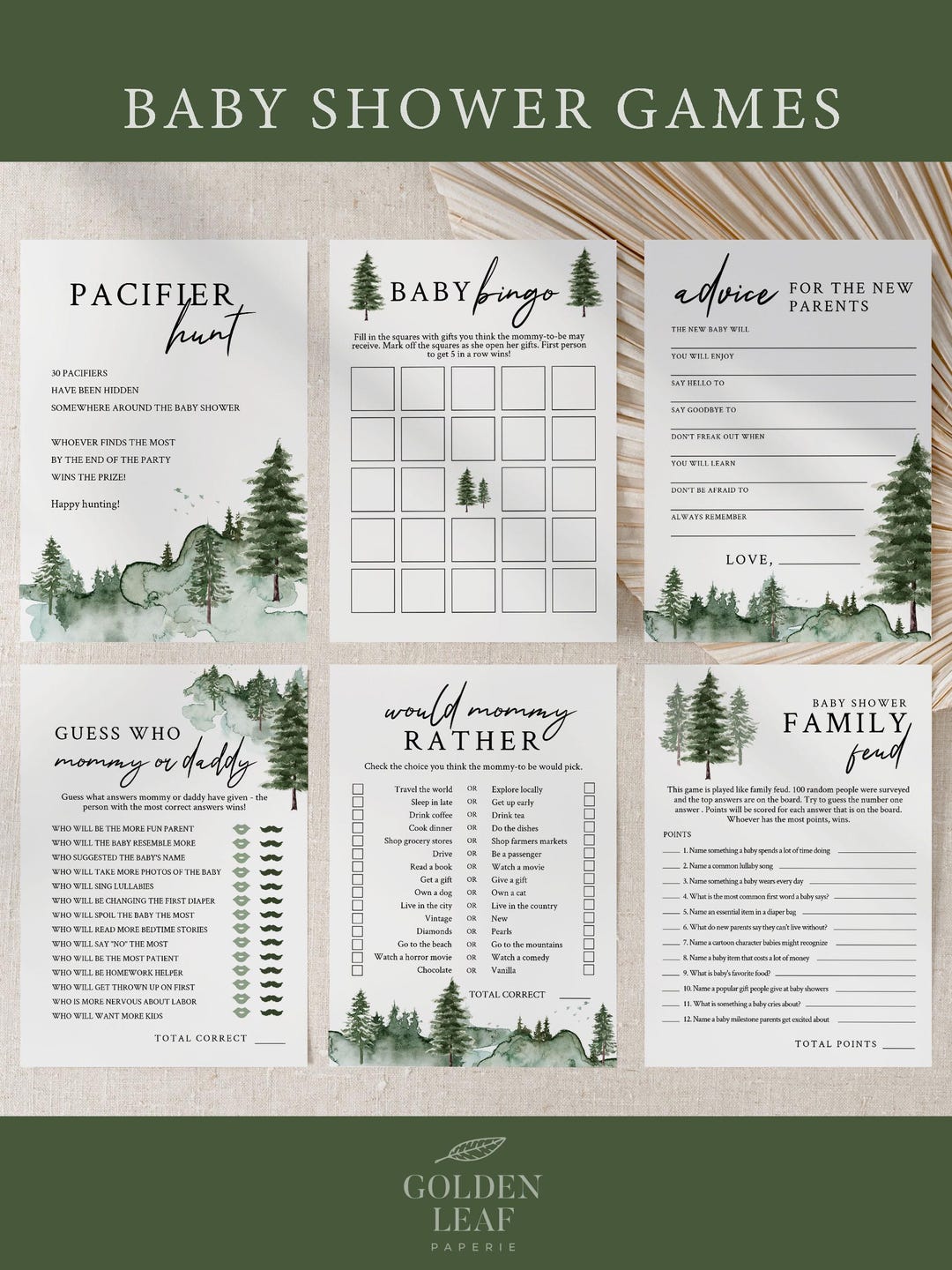 PINE TREE | Baby Shower Game Bundle, Templates, Green Forest, Printable ...