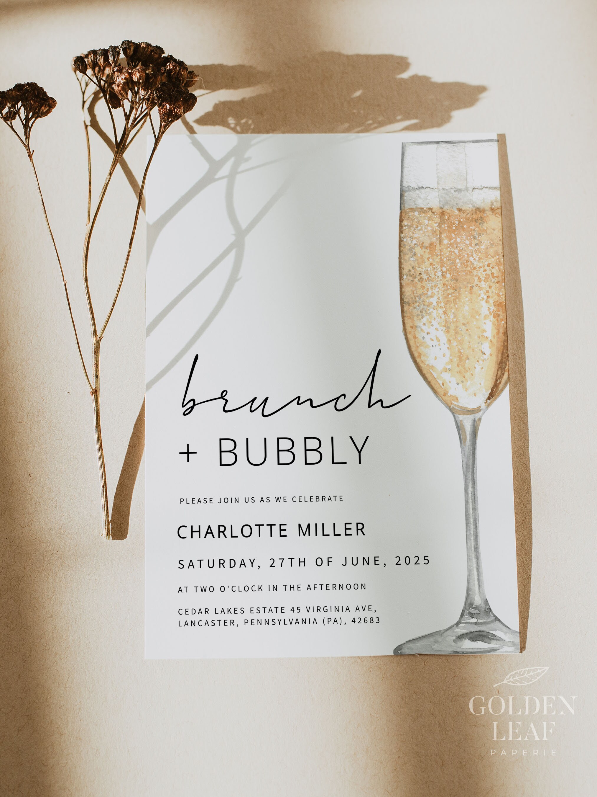 CHAMPAGNE | Brunch & Bubbly Bridal Shower Invitation, Wedding Shower ...