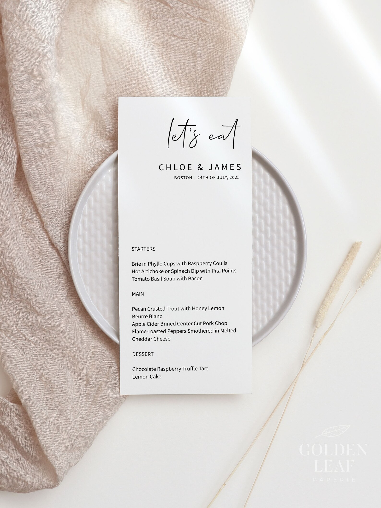 MINIMALIST Menu Cards Printable Template Simple Wedding | Etsy