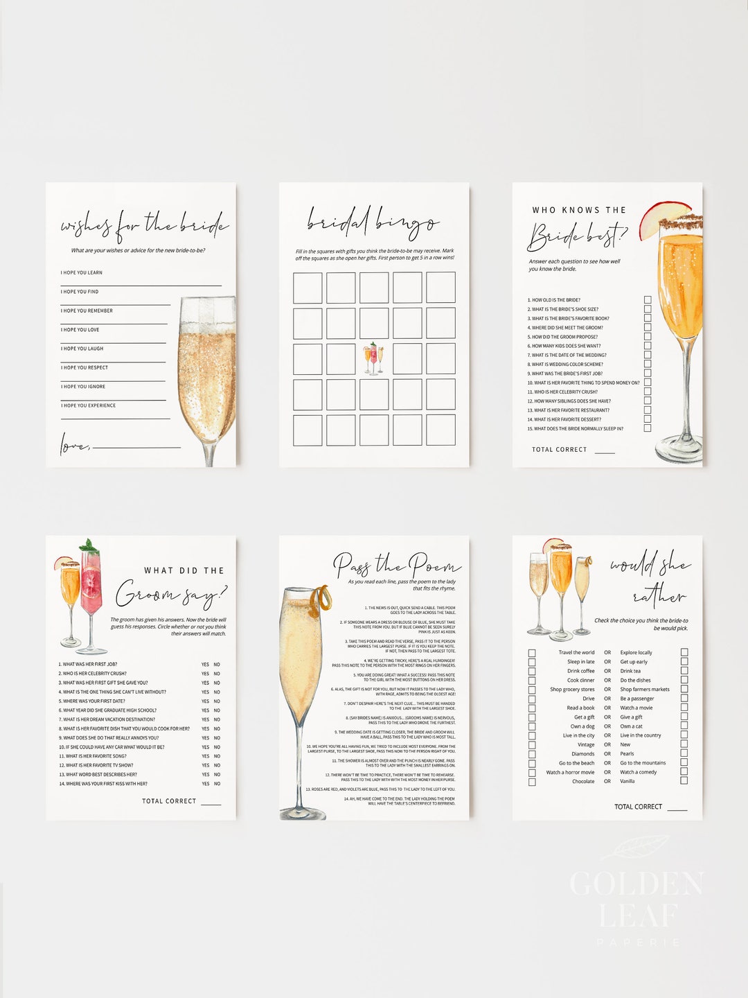 CHAMPAGNE | Bridal Shower Games Bundle, Printable Templates, Mimosa ...