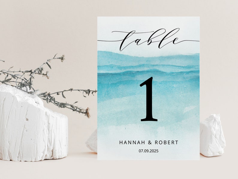 BEACH Wedding Table Numbers Template Printable Blue Water - Etsy