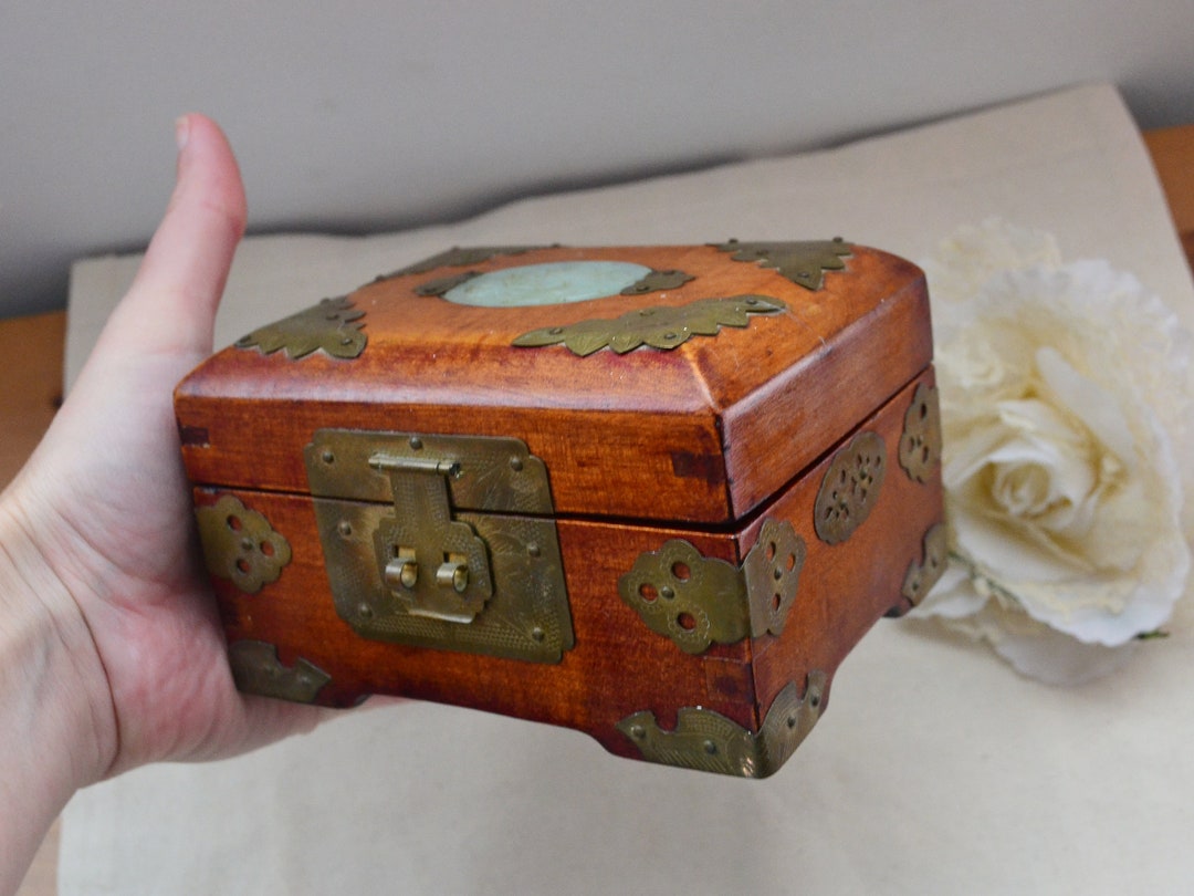 Chinese Box Carved Jade Brass Frame Hand Made Red Wood Box Chinese ...