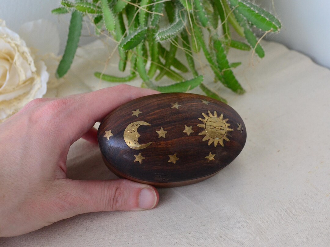 Wooden Box Sun Moon Vintage Wood and Brass Moon and Stars Mistyc Design ...