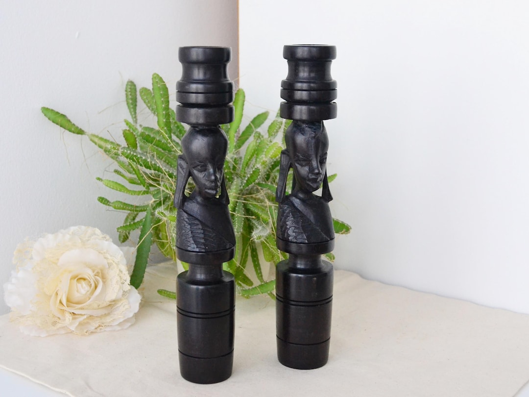 African Candle Holder Wooden Tribal Figurine Set Vintage Masai Wooden ...