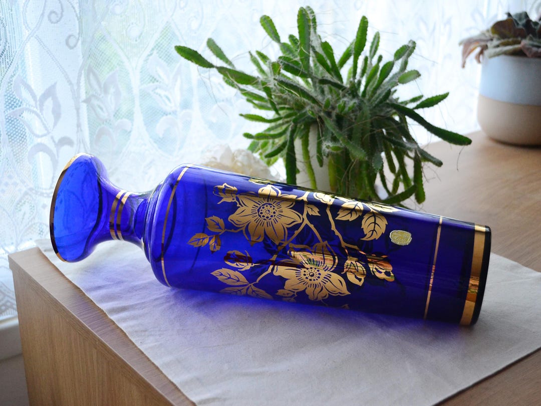 Cobalt Blue and Gold Bottle Vase Floral Gilding With Gilt Banding ...