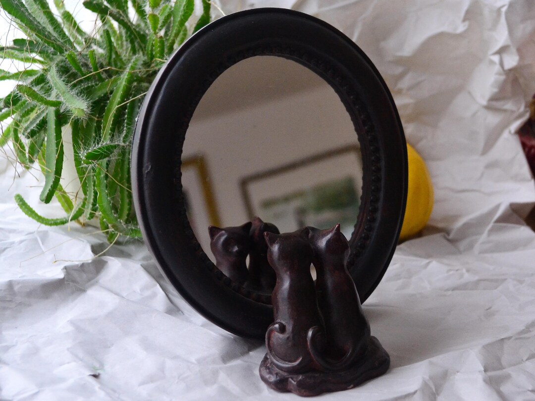 Vintage Oval Table Top Cat Mirror, Pair of Loving Cats Figurines ...