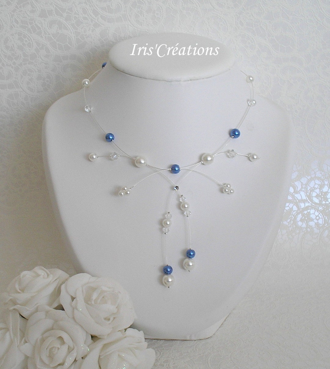 Eva Wedding Necklace Blue White Pearls King and Crystal Faceted - Etsy
