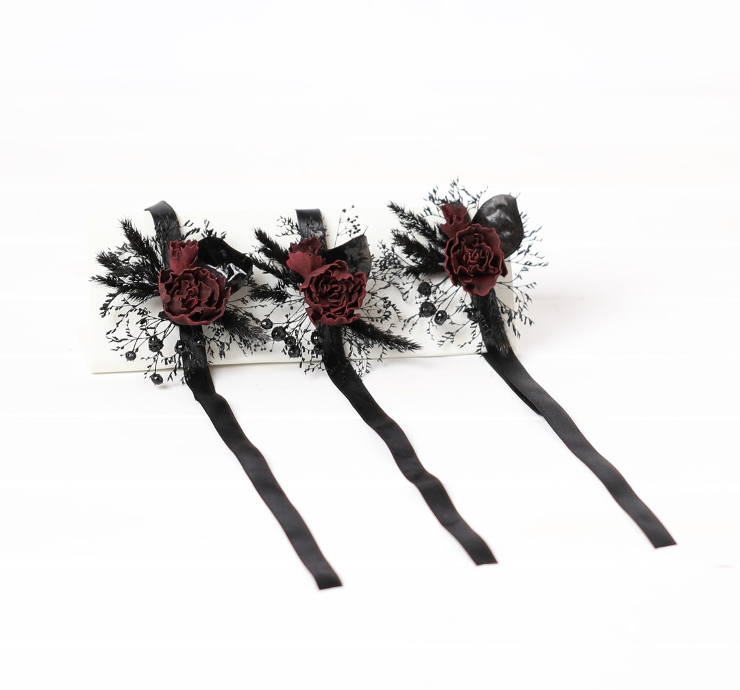 Black Burgundy Corsage, Black Goth Corsage, Gothic Wedding Corsage ...