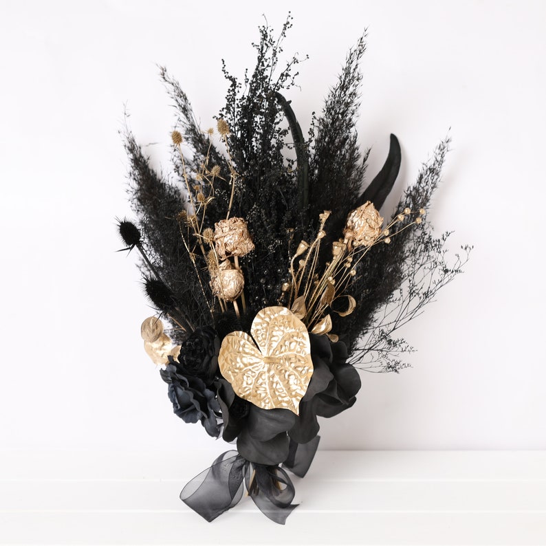 Black Gold Wildflower Bouquet, Gothic Wedding Bouquet With Black ...