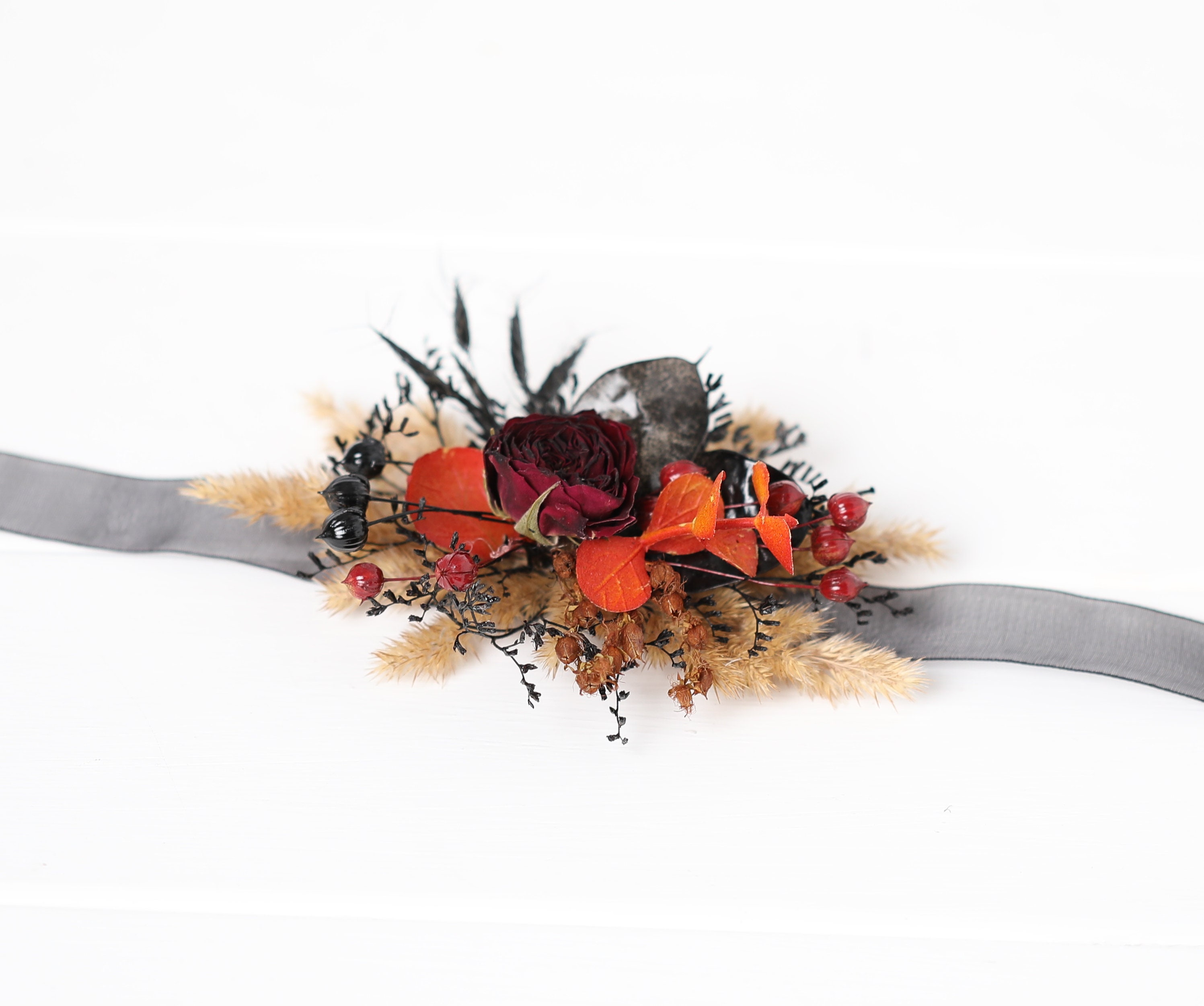 Black Burgundy Rust Orange Corsage, Black Goth Corsage, Gothic Wedding ...