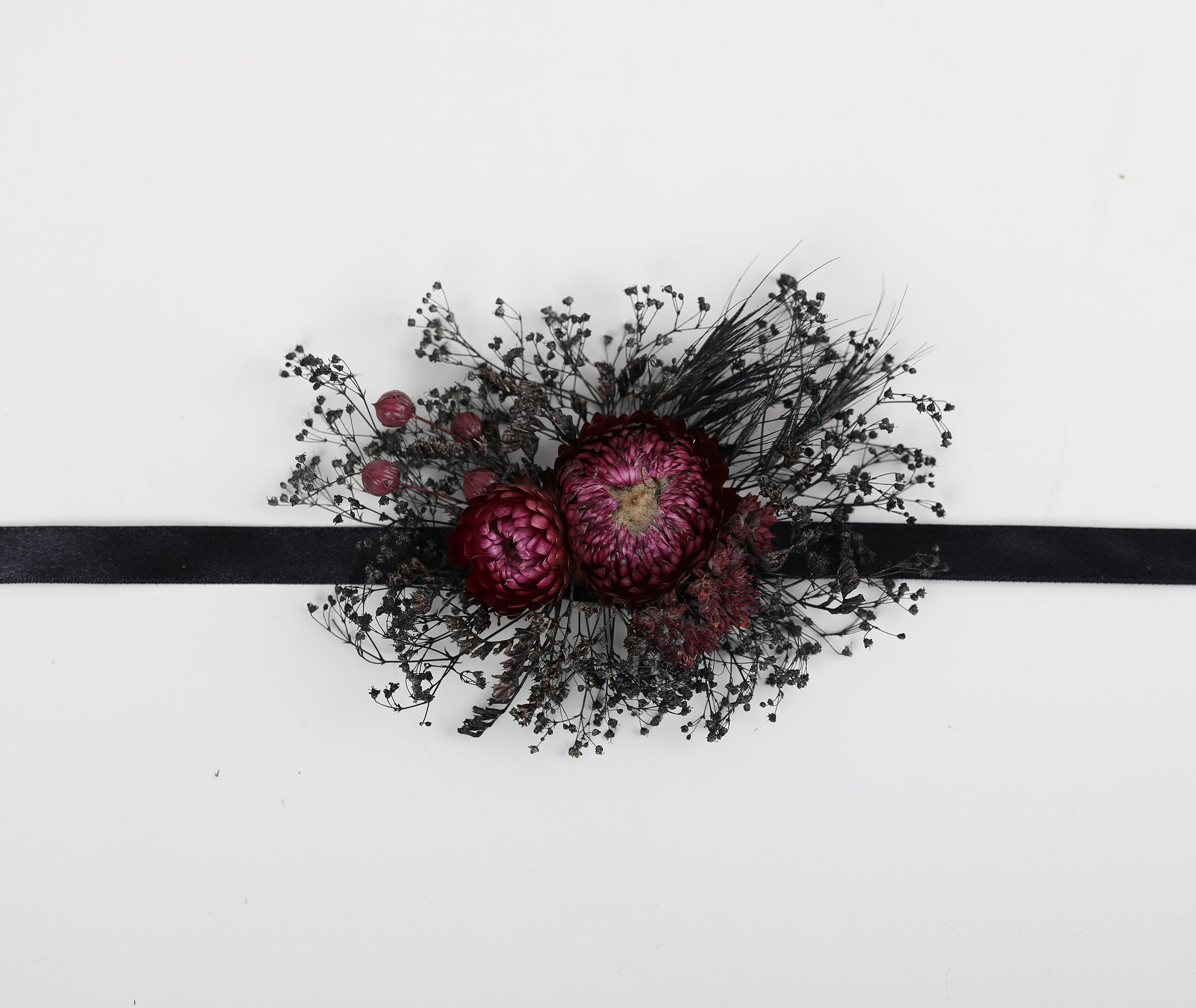 Black Burgundy Corsage, Gothic Wedding Corsage, Burgundy Flower Corsage ...