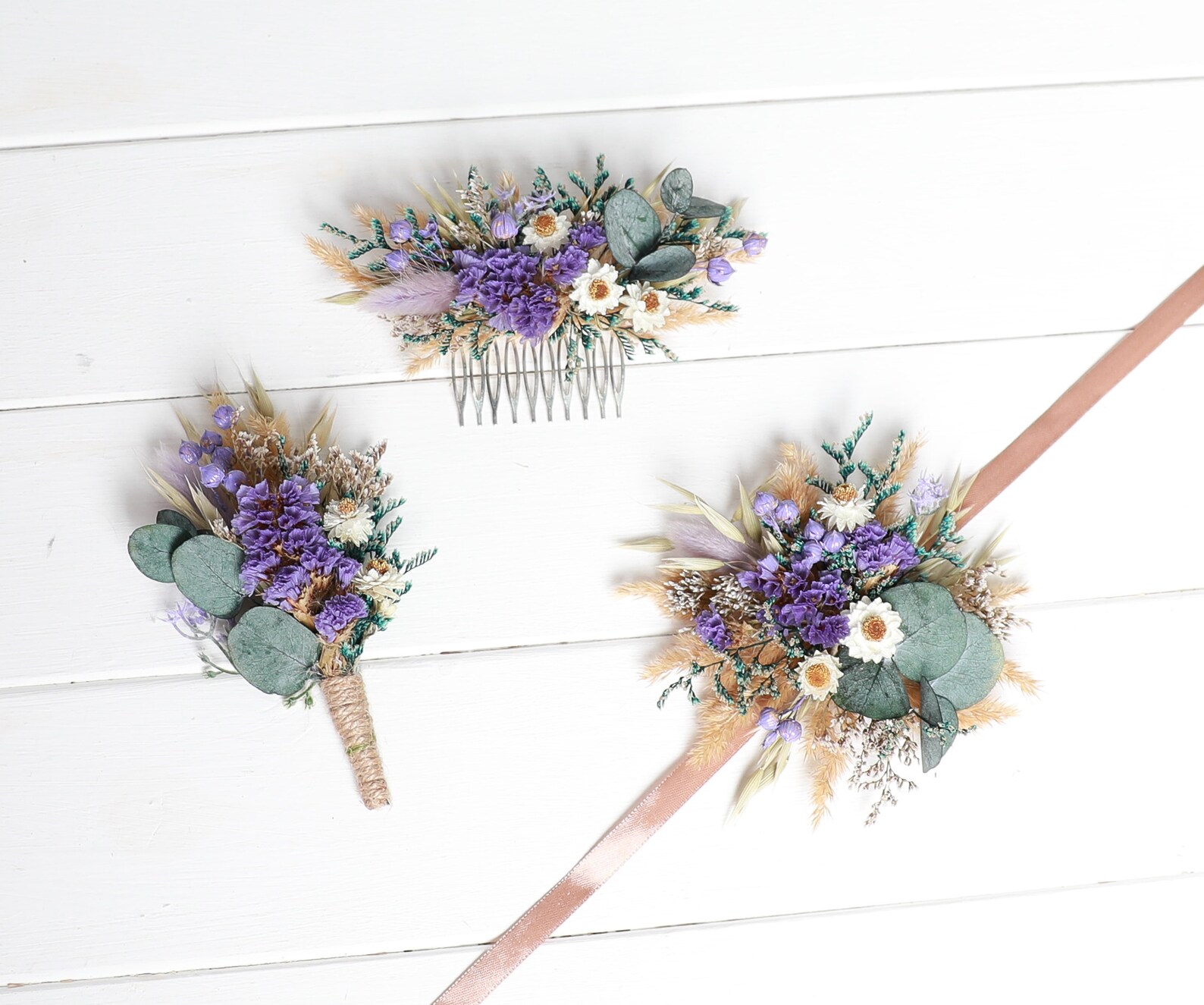 Eucalyptus Mauve Cream Ammobium Bridal Corsage Natural Lavender Lilac ...