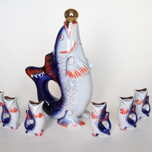 Fish Decanter, Set of Fish Carafe and 6 Wine Glasses, Vintage Carafe ...
