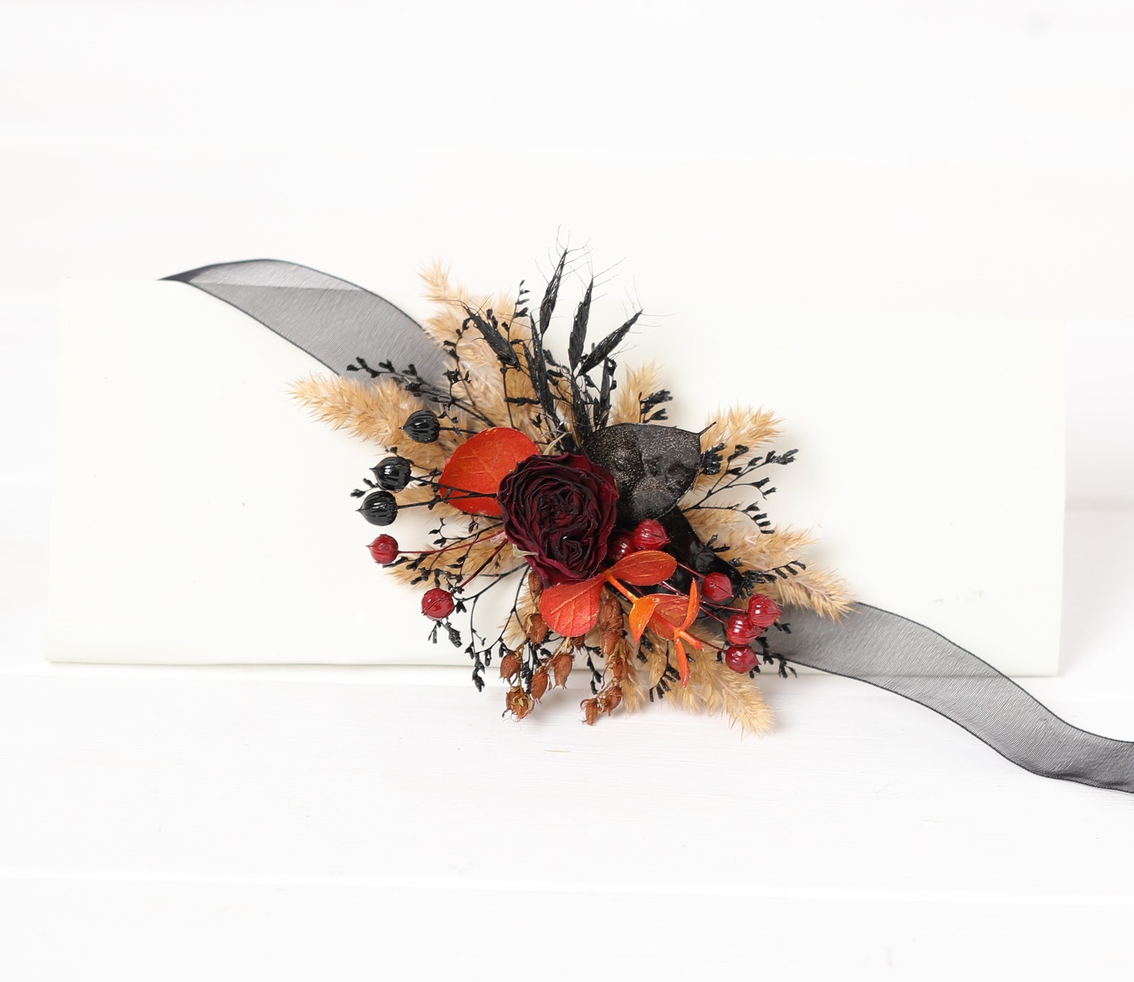 Black Burgundy Rust Orange Corsage, Black Goth Corsage, Gothic Wedding ...
