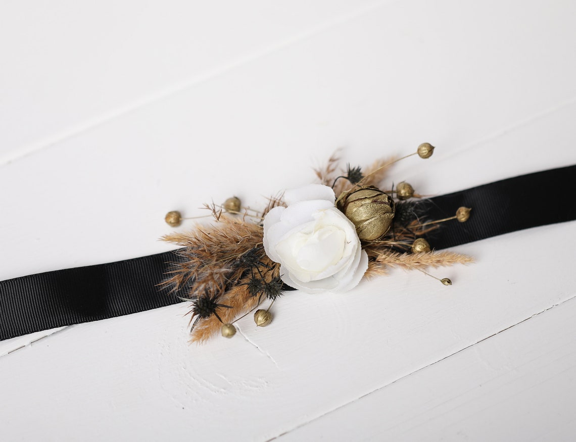 Black Gold Ivory Corsage, Gothic Wedding Corsage, Black Corsage, Black ...