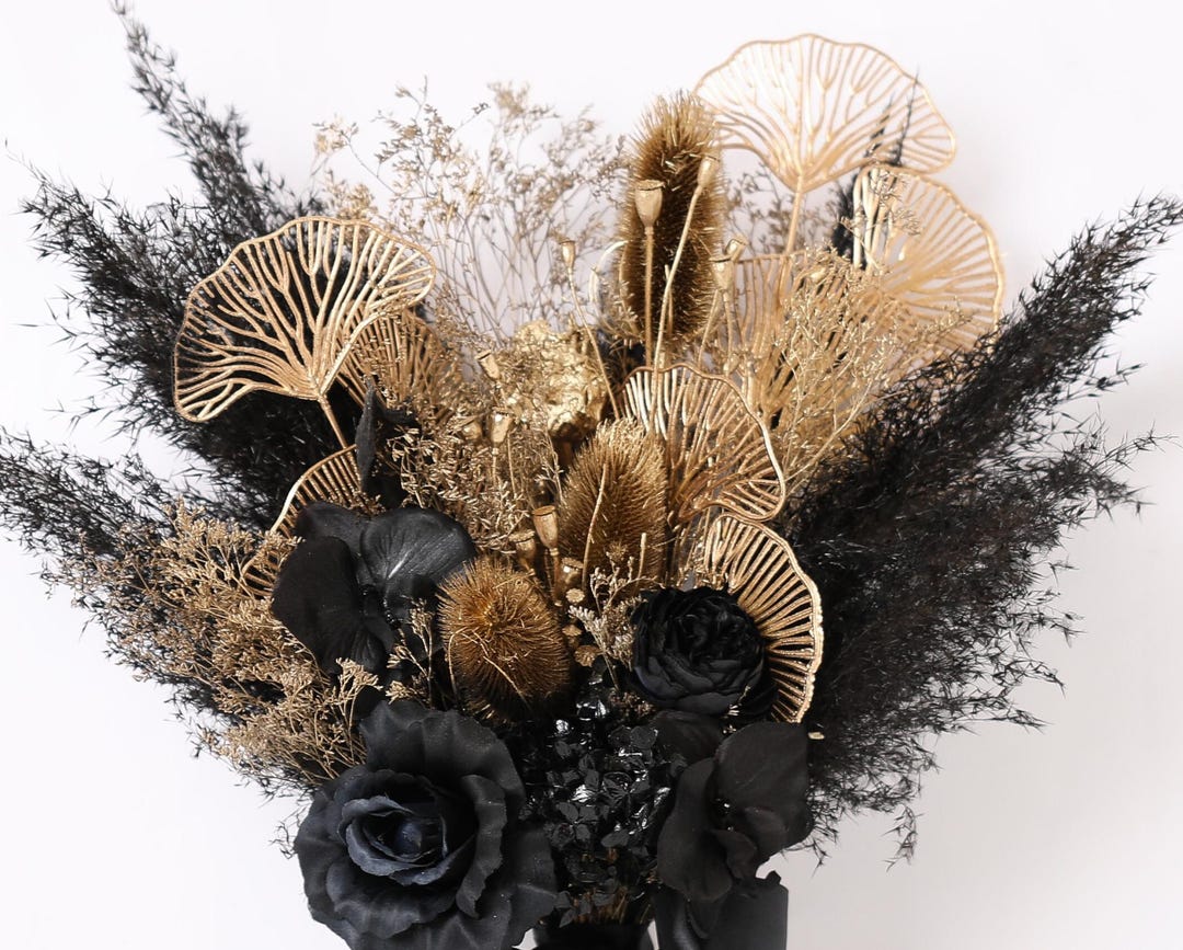 Black Gold Wildflower Bouquet, Gothic Wedding Bouquet With Gold Ginkgo ...