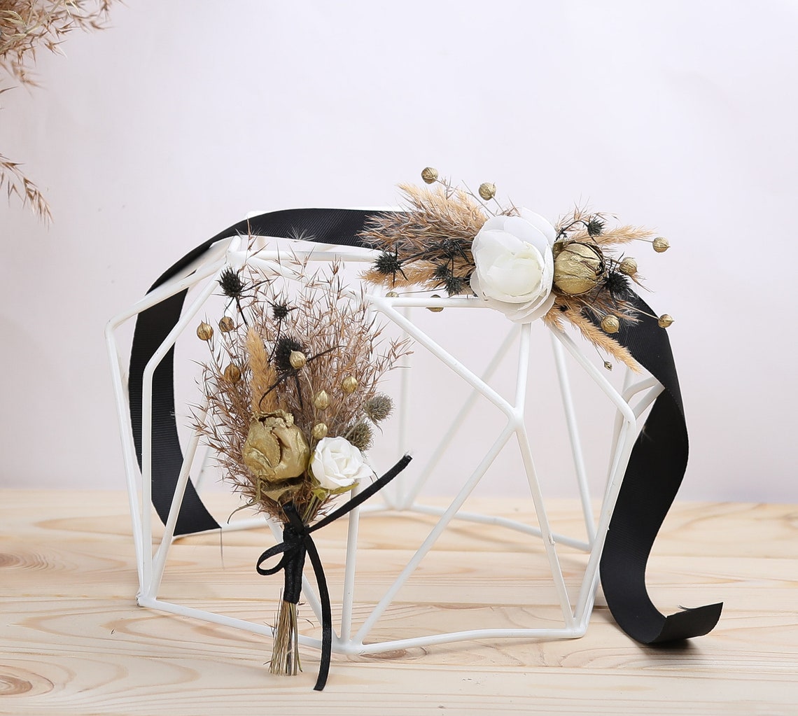 Black Gold Ivory Corsage, Gothic Wedding Corsage, Black Corsage, Black ...