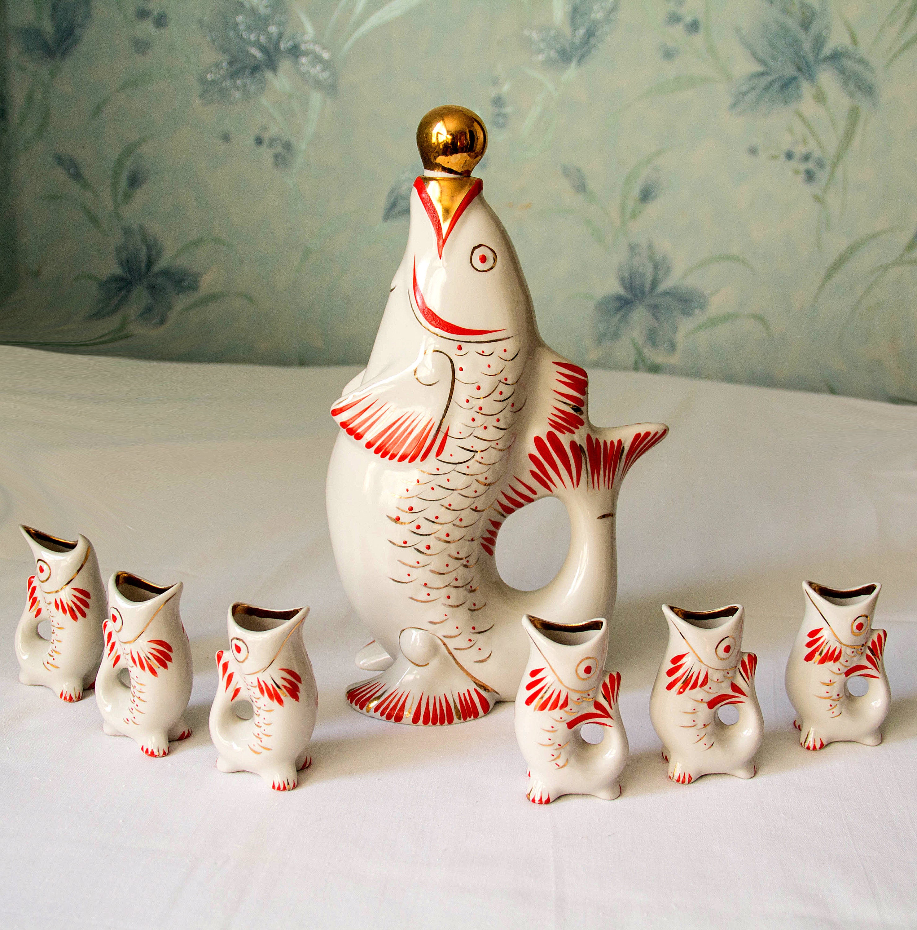 Set of fish carafe and 6 wine glasses vintage carafe vintage | Etsy