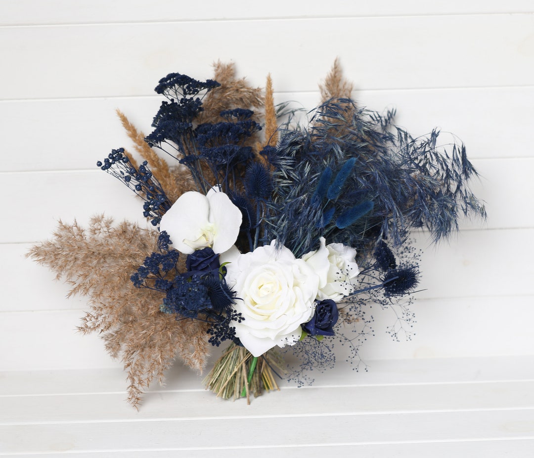 Navy Blue Ivory Pampas Grass Bouquet Blue Beige Wedding Bouquet Navy ...