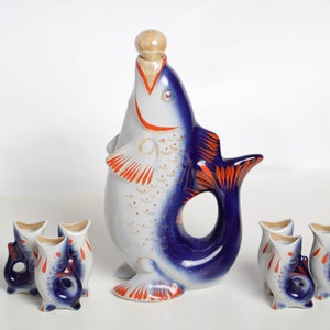 Set of Fish Carafe and 6 Wine Glasses, Vintage Carafe, Vintage Wine ...
