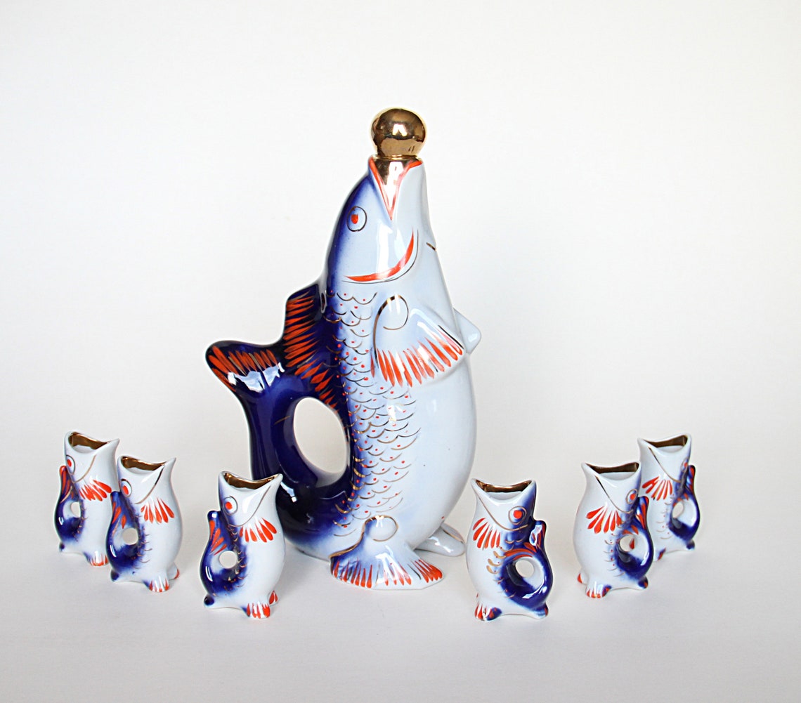 Fish decanter Set of fish carafe and 6 wine glasses vintage | Etsy