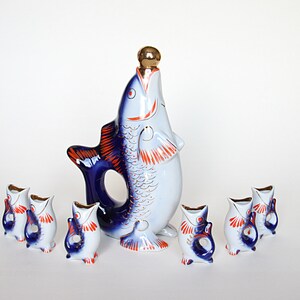 Fish Decanter, Set of Fish Carafe and 6 Wine Glasses, Vintage Carafe ...