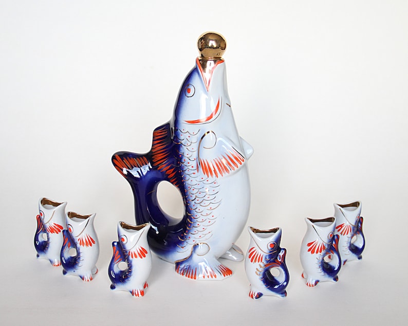 Fish Decanter Set of Fish Carafe and 6 Wine Glasses Vintage - Etsy