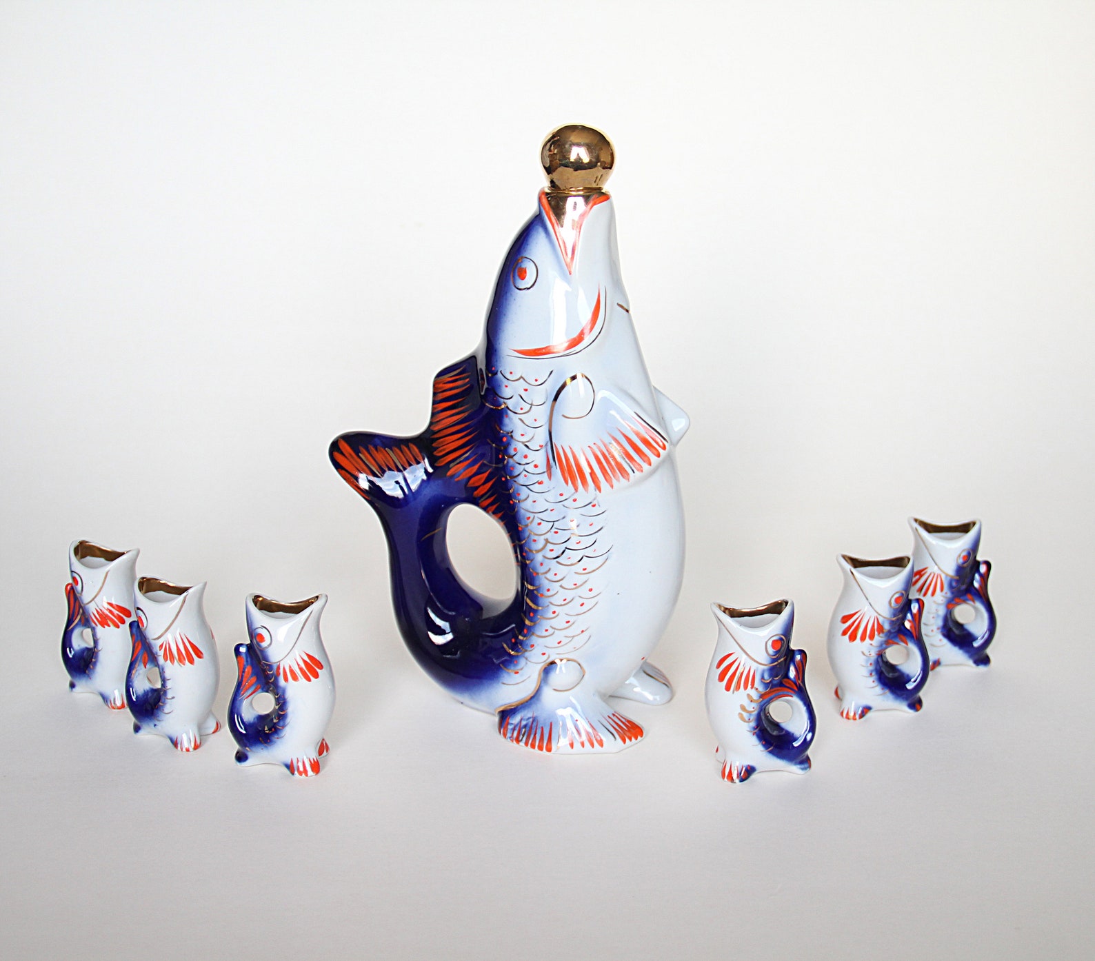 Fish decanter Set of fish carafe and 6 wine glasses vintage | Etsy