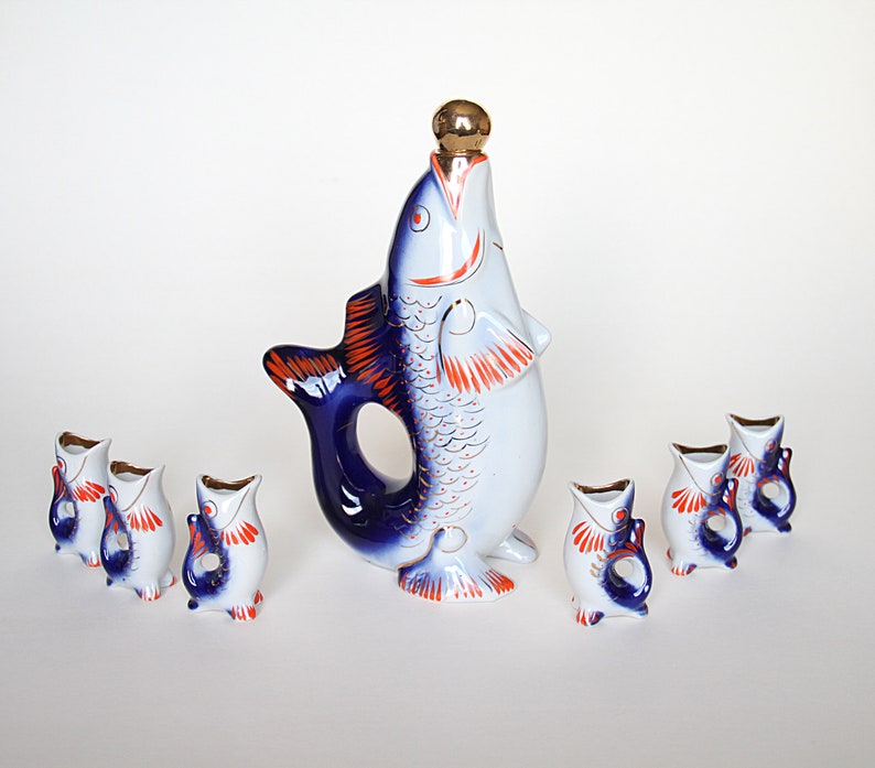 Fish Decanter Set of Fish Carafe and 6 Wine Glasses Vintage - Etsy